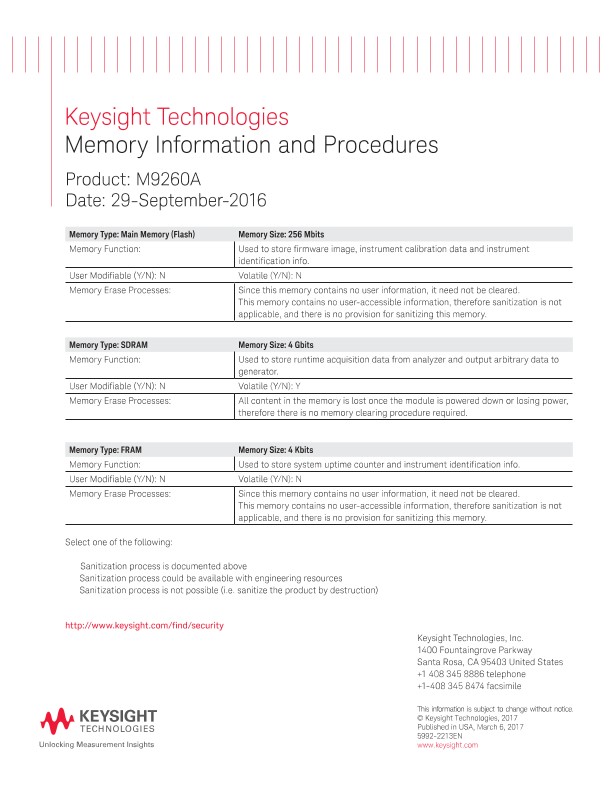 Memory Information and Procedures for M9260A PDF Asset Page | Keysight